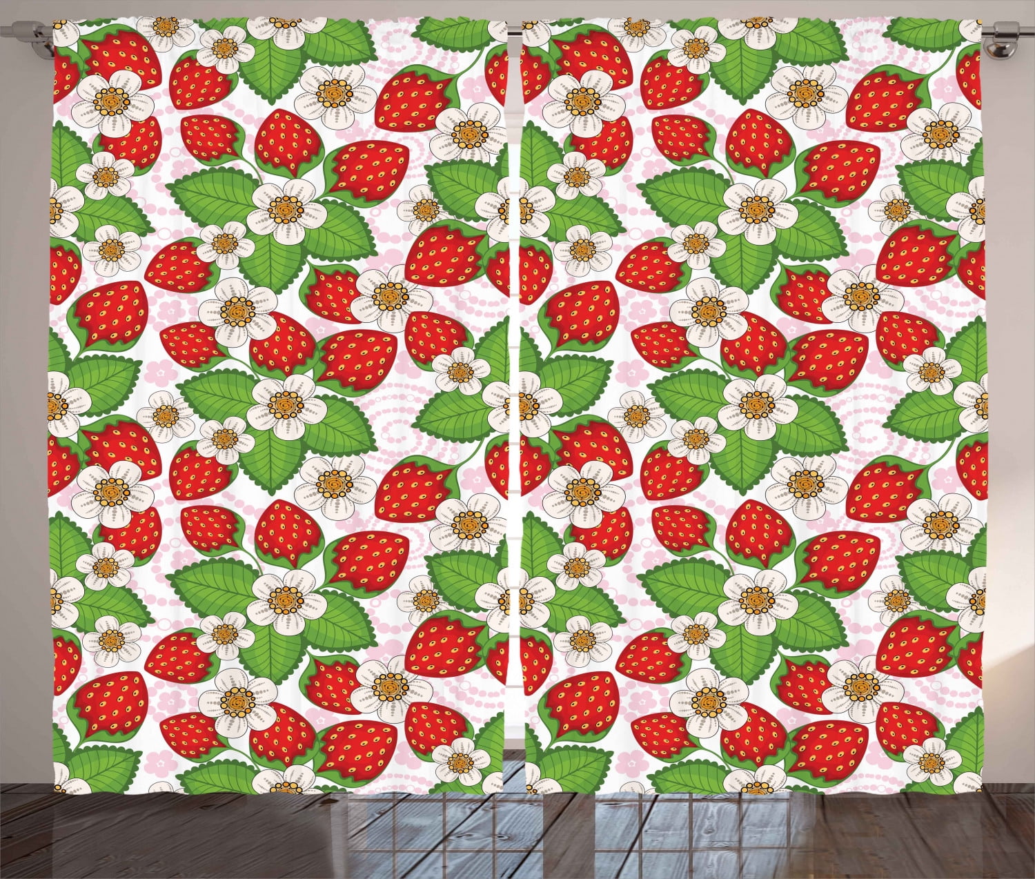 Spring Curtains 2 Panels Set, Floral Pattern with Strawberries Flowers ...