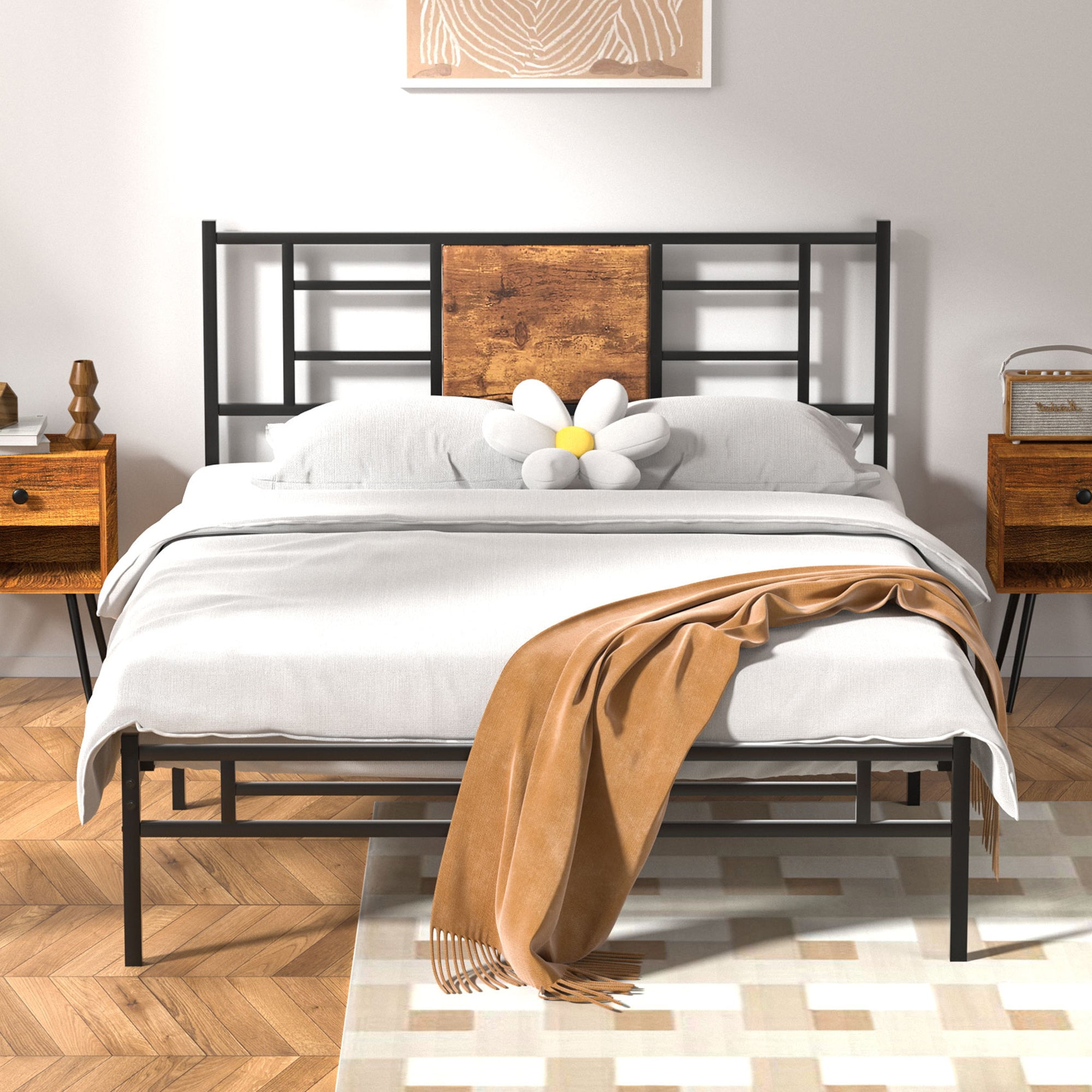 VECELO Queen Size Metal Platform Bed Frame with Wooden Headboard, Heavy ...