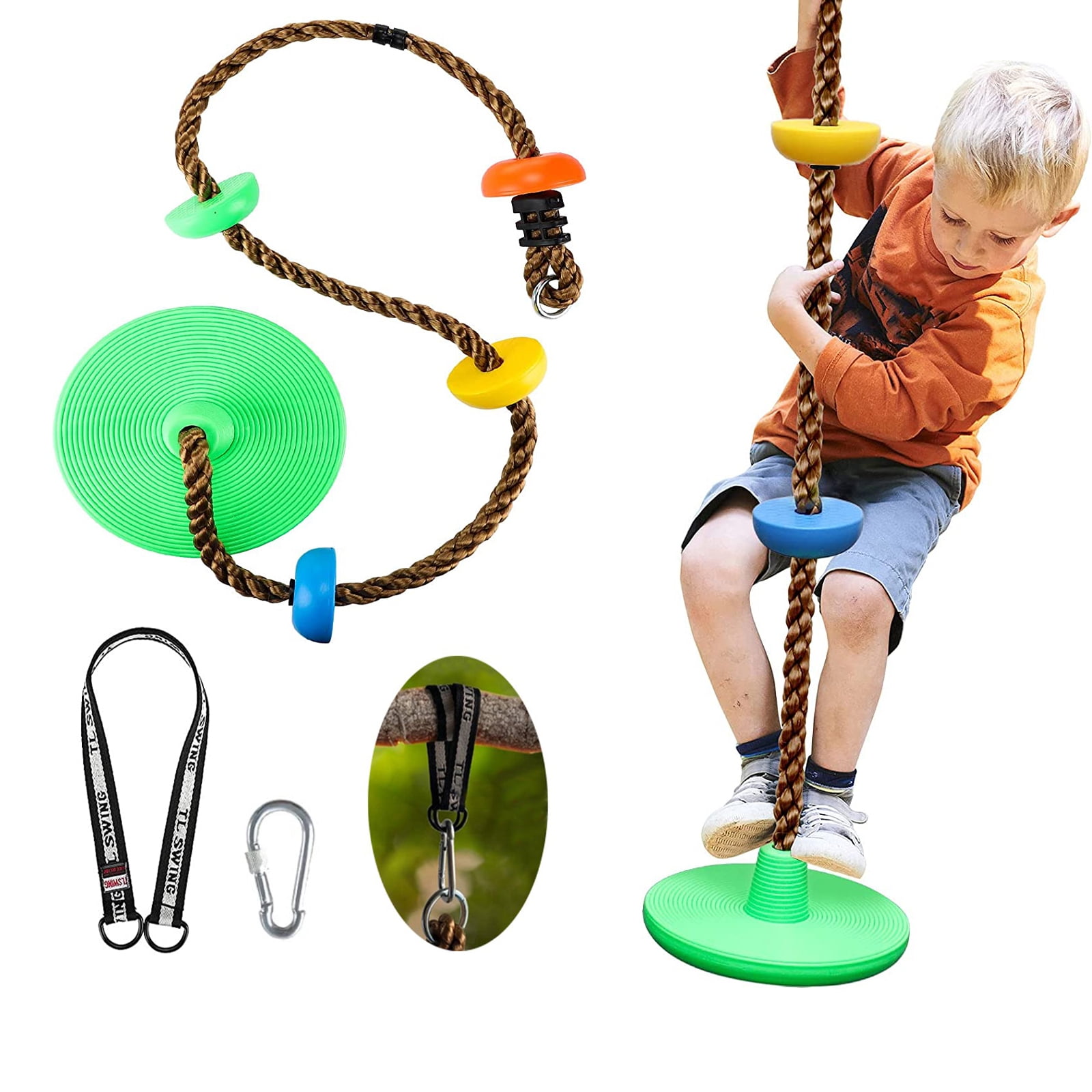 Tree Swing for Kids - Single Disc Seat Climbing Rope Set w/ Carabiner ...