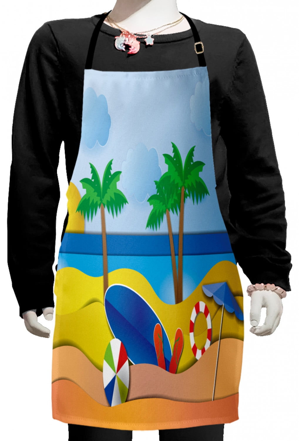 Graphic Beach Kids Apron, Paper Cut Art Style Sea View at Summer Surf ...