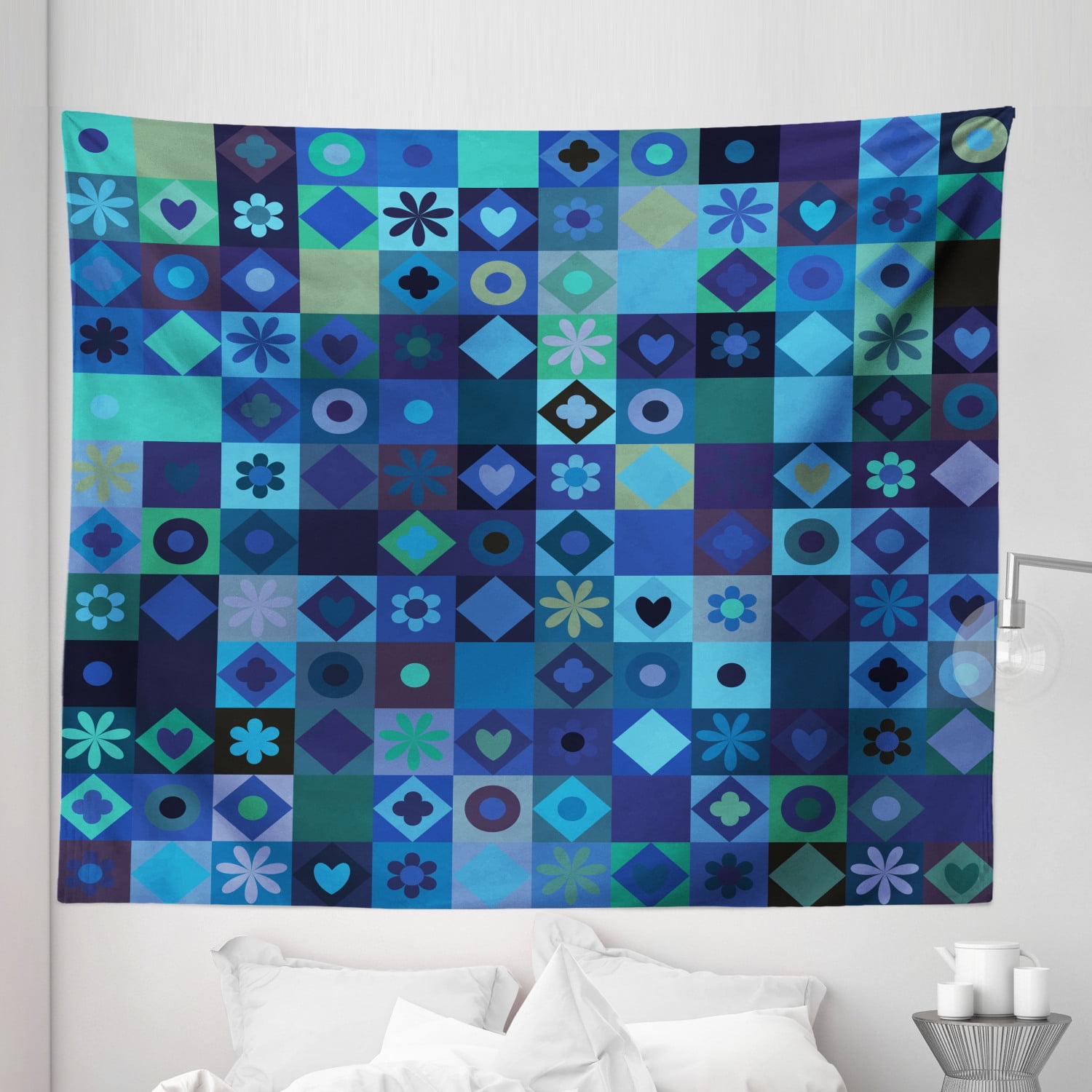 Blue Tapestry, Play Cards Inspired Hearts Circles Squares Flower Modern ...