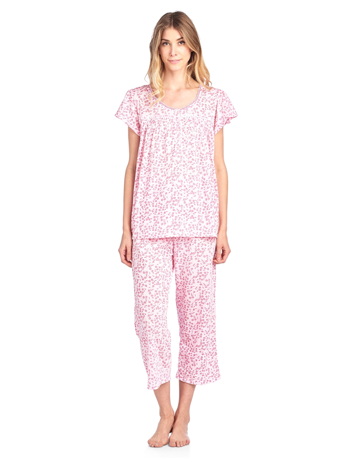 Casual Nights Women's Short Sleeve Smocked Floral Capri Pajama Set ...