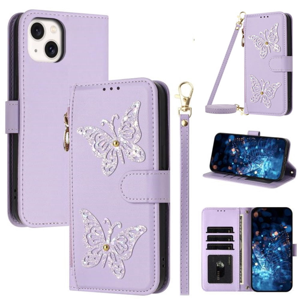For iPhone 13 6.1-inch Wallet Case Glitter Butterfly Multi-Card Slots ...