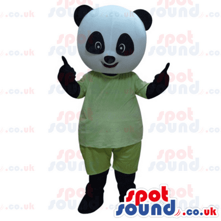 Customizable Cute Panda Bear Boy SPOTSOUND Mascot Wearing Green Pajamas ...
