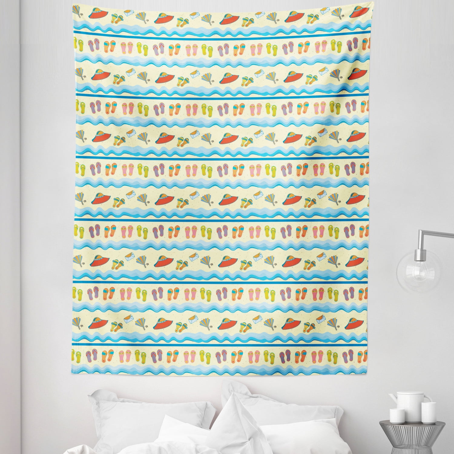 Flip Flop Tapestry, Absurd Illustration of Sandy Beach with Flowing Sea ...