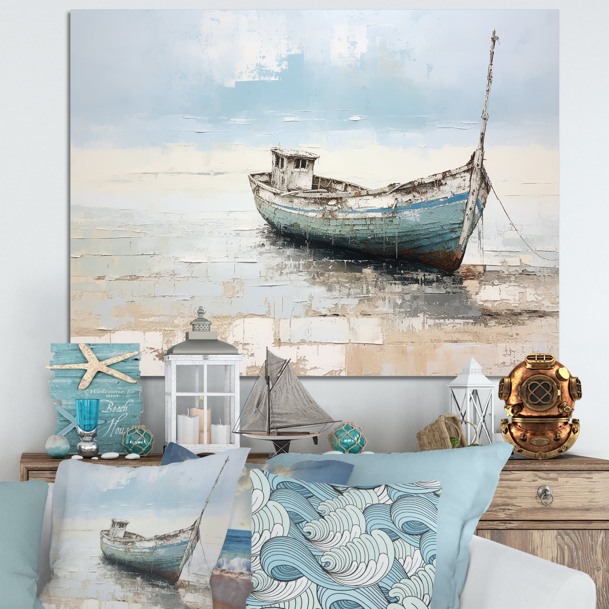 Click here for Designart Beige Canvas Wall Art  Coastal Boat Wall... prices