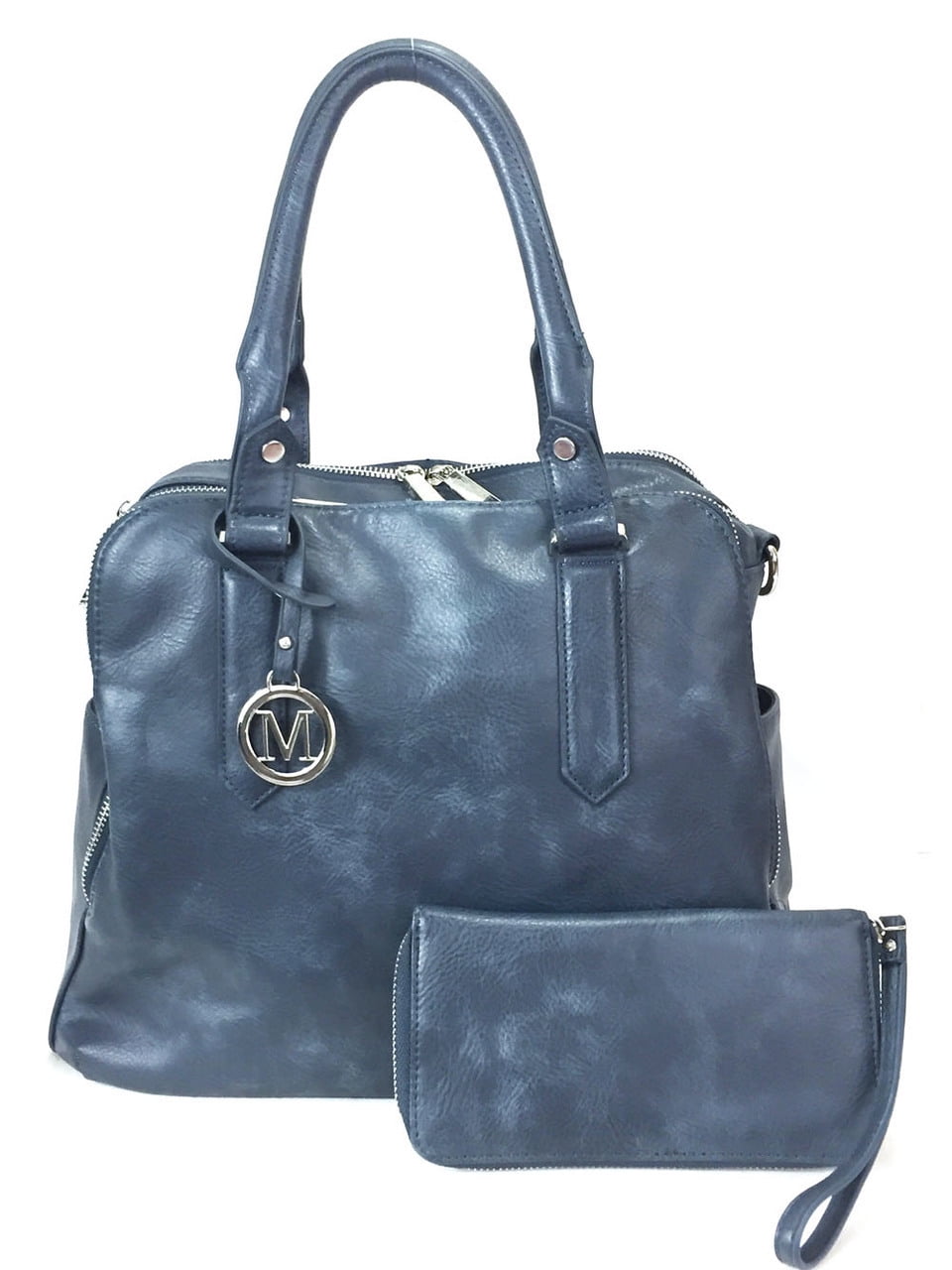 Zzfab Leatherette Triple Compartments Satchel Purse and Wallet Set Blue ...