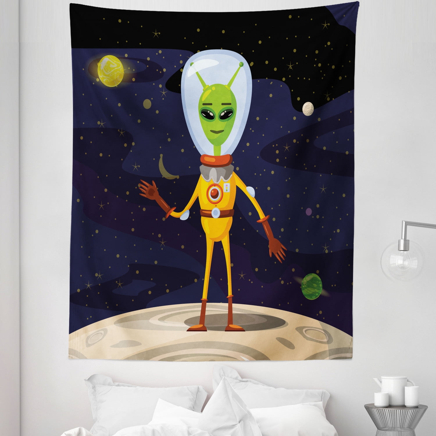 Alien Tapestry, Ufo Cartoon of Funny Creature in Spacesuit Standing on ...