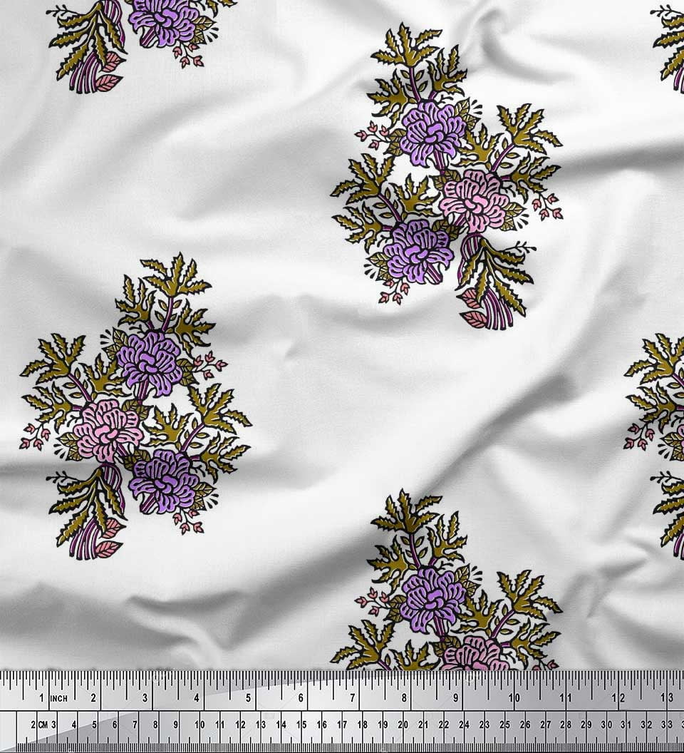 Soimoi Japan Crepe Satin Fabric Leaves & Floral Block Print Fabric by ...