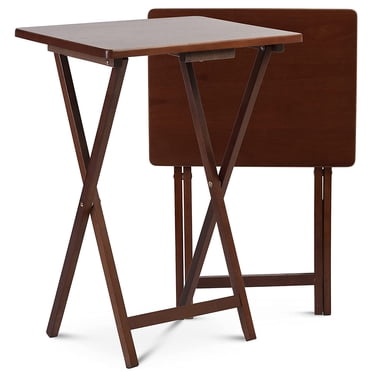 PJ Wood Folding TV Tray Tables with Storage Rack, Walnut Brown, 5 Piece ...