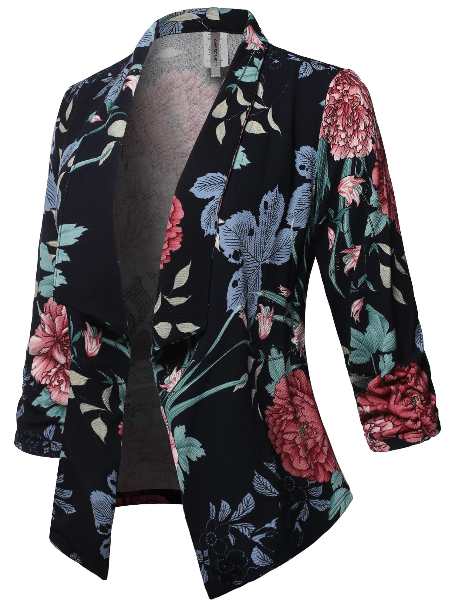 FashionOutfit Women's Stretch 3/4 Gathered Sleeve Open Blazer Jacket ...