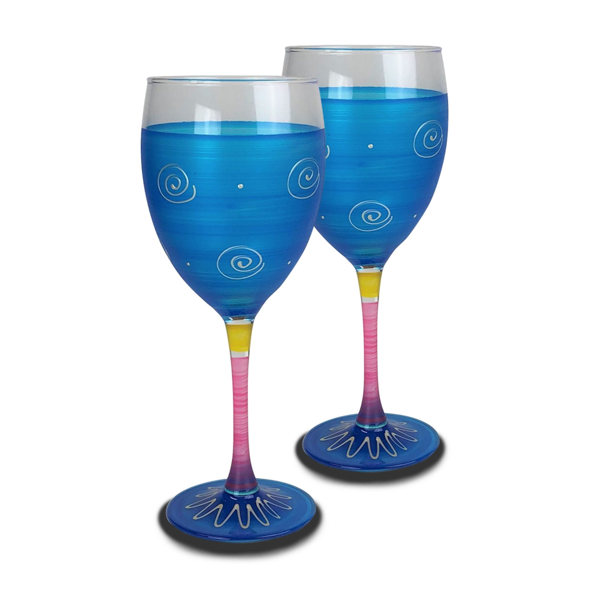 Set of 2 Turquoise and Yellow Hand Painted Wine Drinking Glasses 10.5 ...