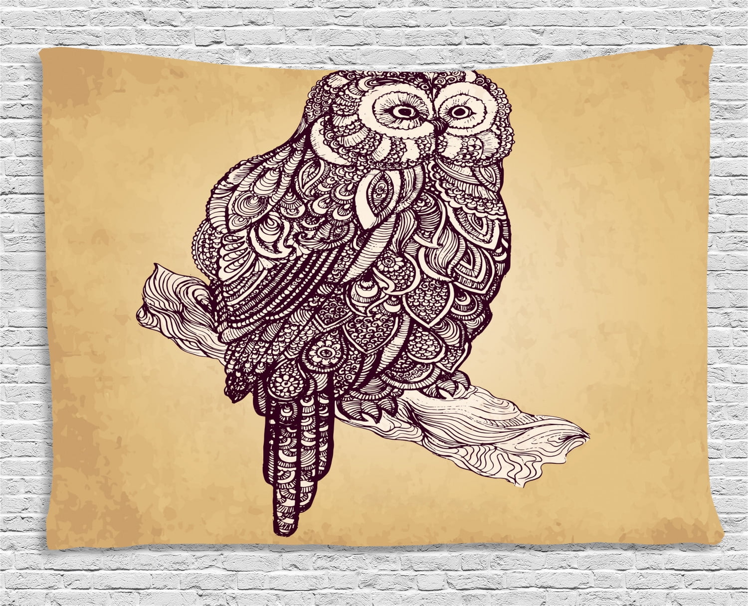 Owl Tapestry, Hand Drawn Style Artistic Bird Figure Perched on a Branch ...