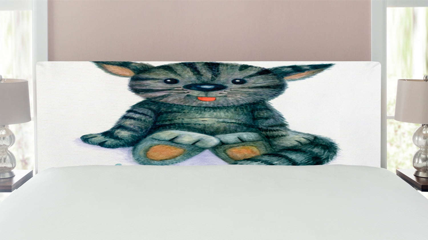 Cat Headboard, Happy Teddy Cat Illustration with a Dead Fish Skeleton ...