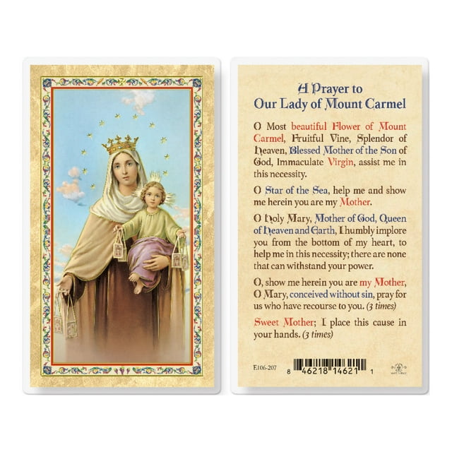 Our Lady of Mt. Carmel Gold-Stamped Laminated Catholic Prayer Holy Card with Prayer on Back ...