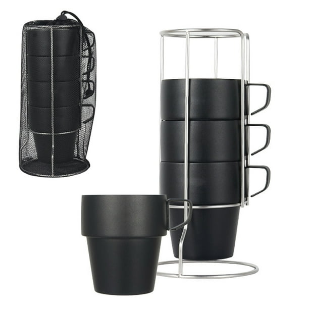 4Pcs Stackable Coffee Mugs Set with Rack Stacking 304 Stainless Steel ...