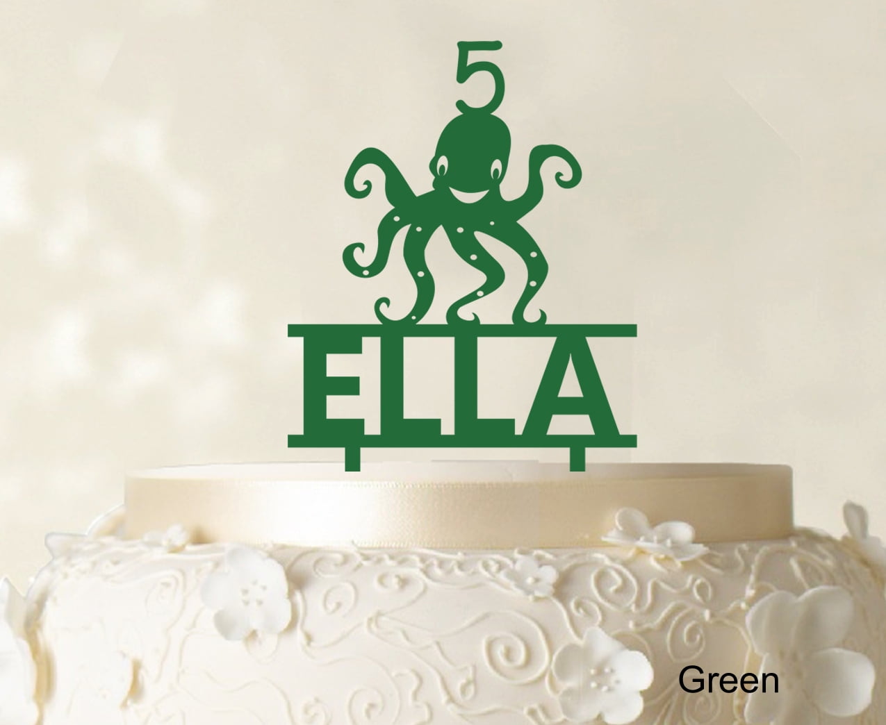 """Birthday Custom Name Cake Topper"" With Octopus Figure Green Cake ...