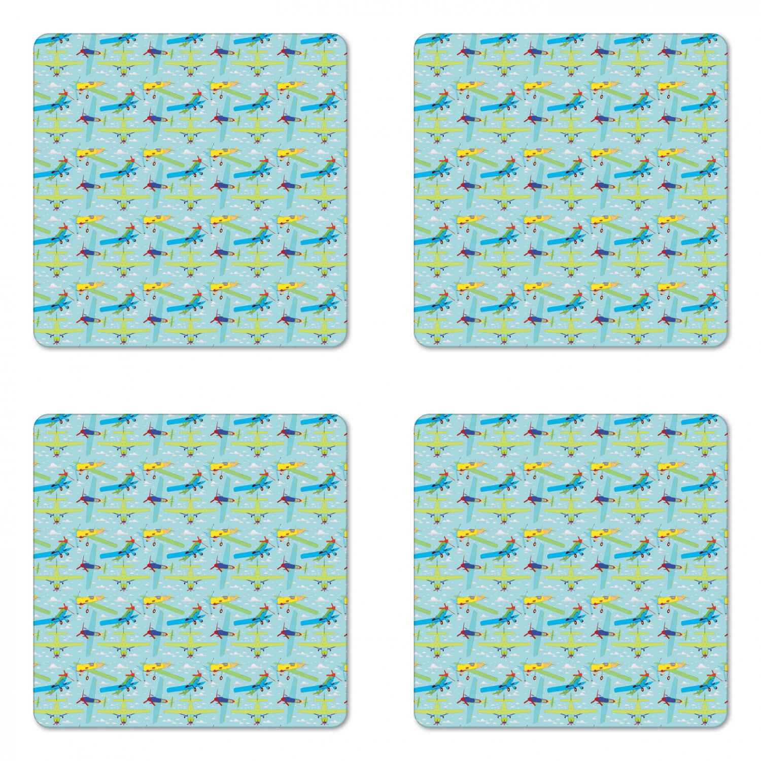 Nursery Airplane Coaster Set of 4, Cloudy Sky Background with Vibrant ...