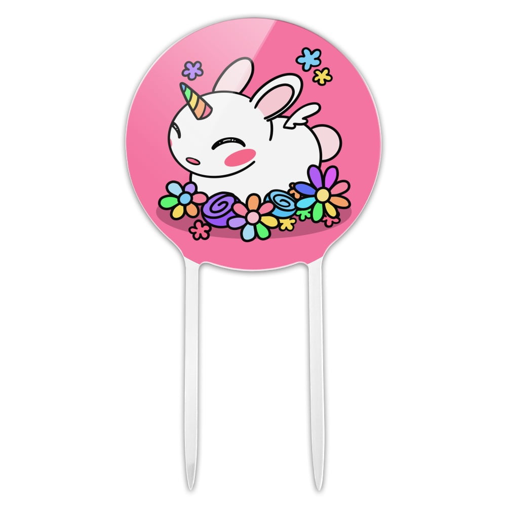 Acrylic Cute Unicorn Bunny Rabbit with Rainbow Flowers Cake Topper ...