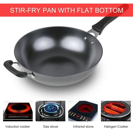 13-inch Cast Iron Wok Fry Pan Non-Stick Stir-Fry Pan with Flat Bottom ...
