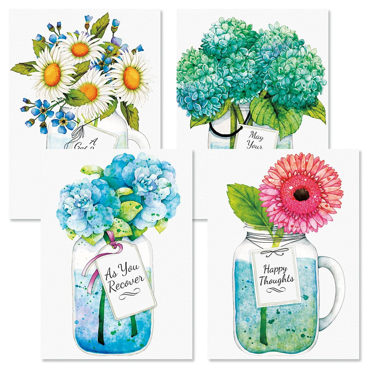 Mason Jar Get Well Greeting Cards - Set of 8 (4 Designs), Large 5" x 7 ...
