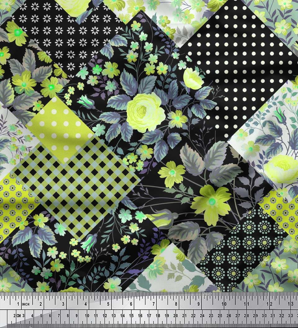 Soimoi Modal Satin Fabric Dot,Floral & Check Patchwork Print Fabric by ...
