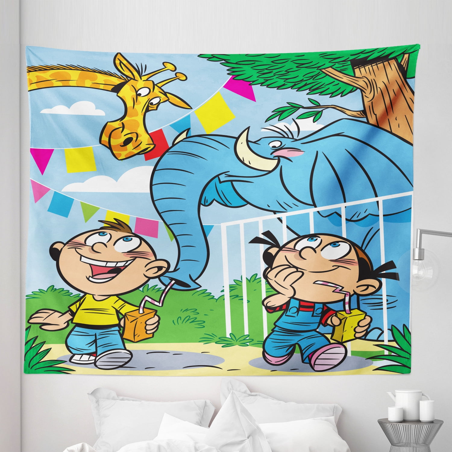 Cartoon Tapestry, with Mischievous Giraffe Pranks Juice Zoo Theme ...