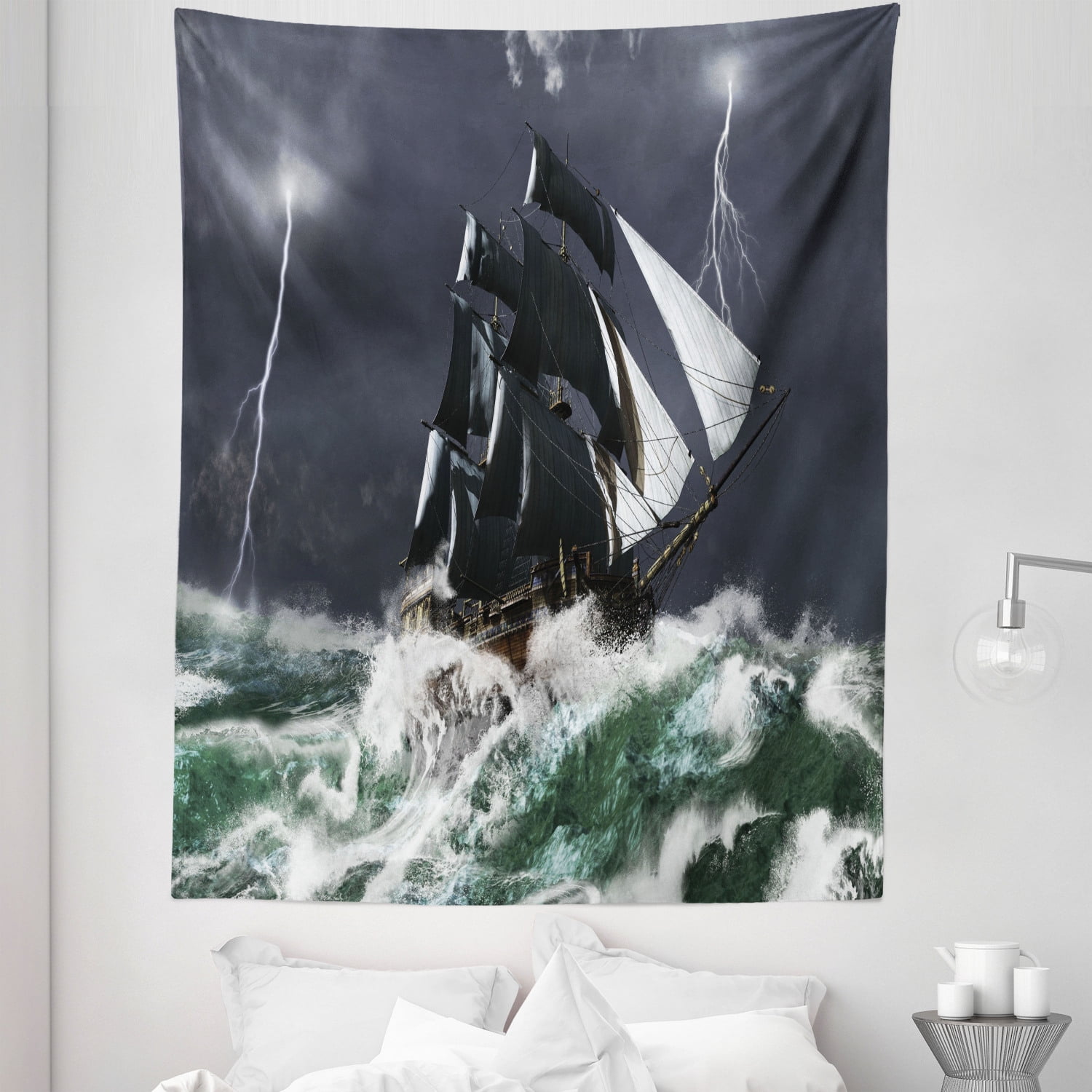 Nautical Tapestry, Big Ship on Wavy Ocean in a Stormy Weather with ...