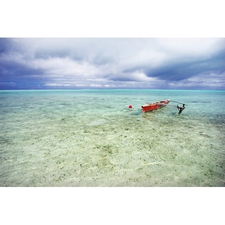 French Polynesia, Tahiti, Bora Bora, Red Outrigger Canoe In Calm ...