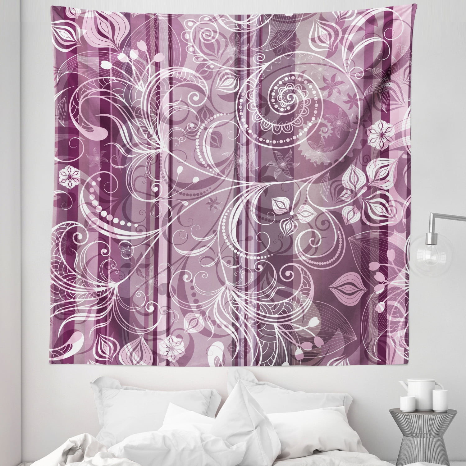 Lilac Tapestry, Flowers and Leaves with Curved Stems Ornate Style Art ...