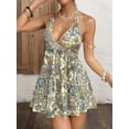 2026 New Women's Blue Halter Neck Mini Dress, Deep V-Neck Tiered Ruffle ...