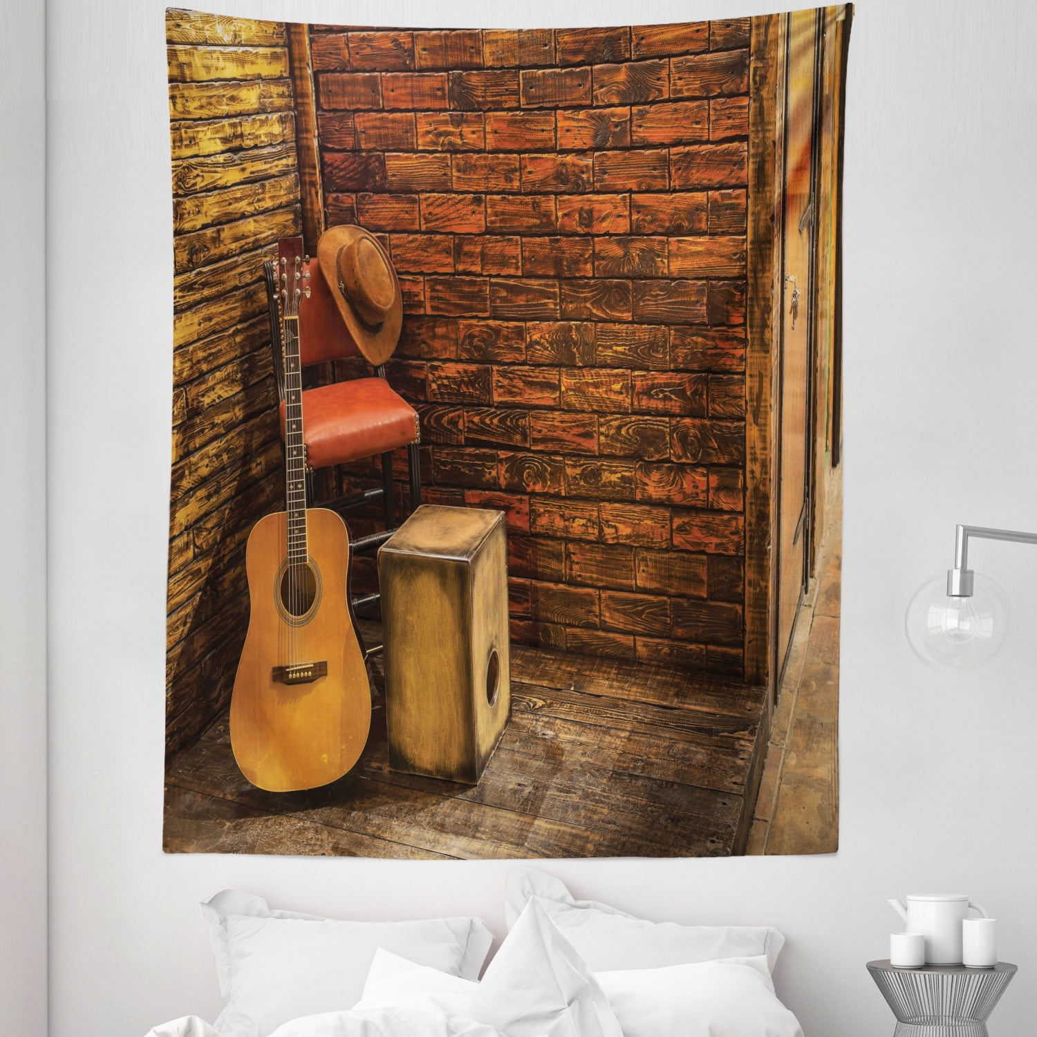Music Tapestry, Music Instruments on Wooden Stage in Pub Beverage Cafe ...