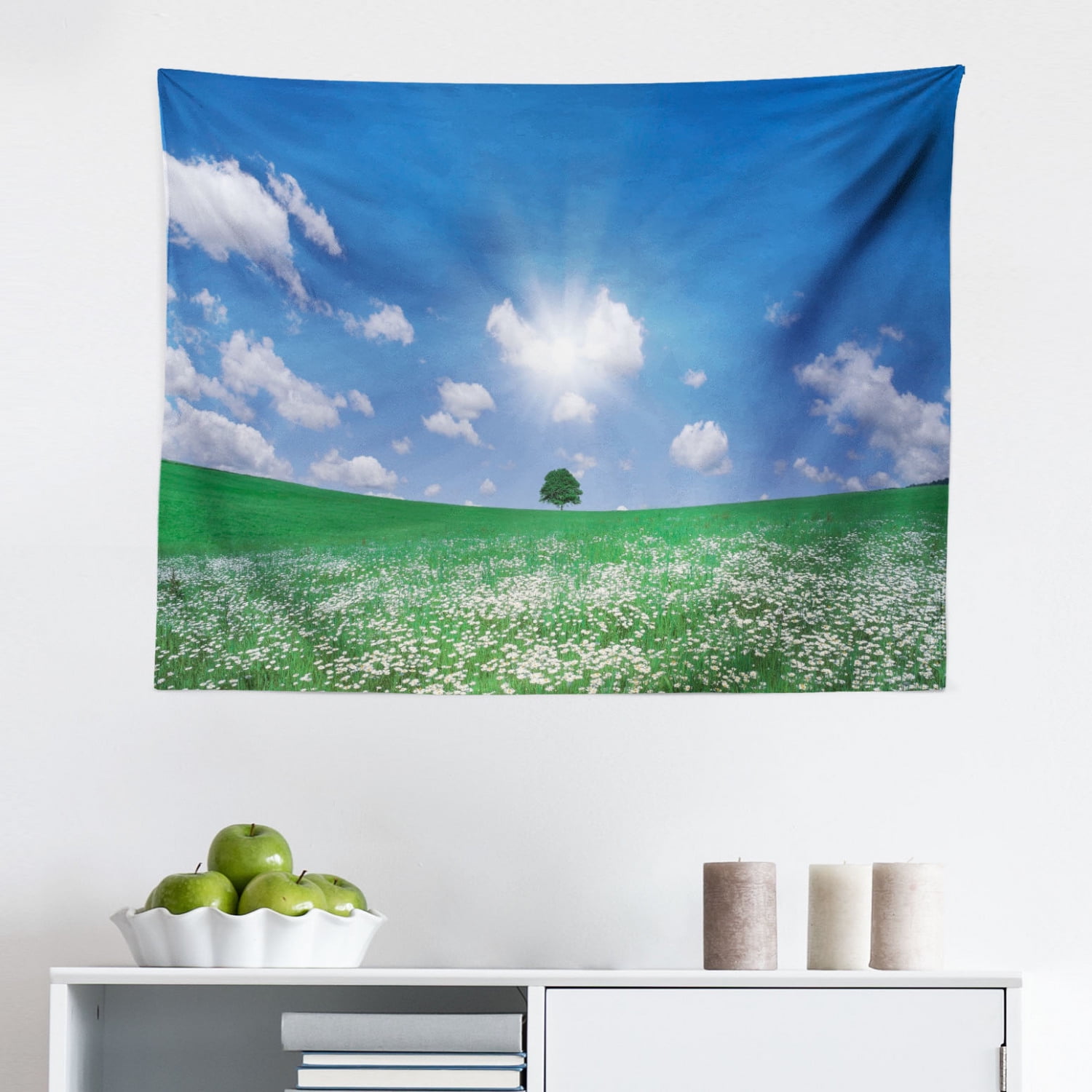 Blue Sky Tapestry, Landscape Scenery Print of Greenery Land with a ...