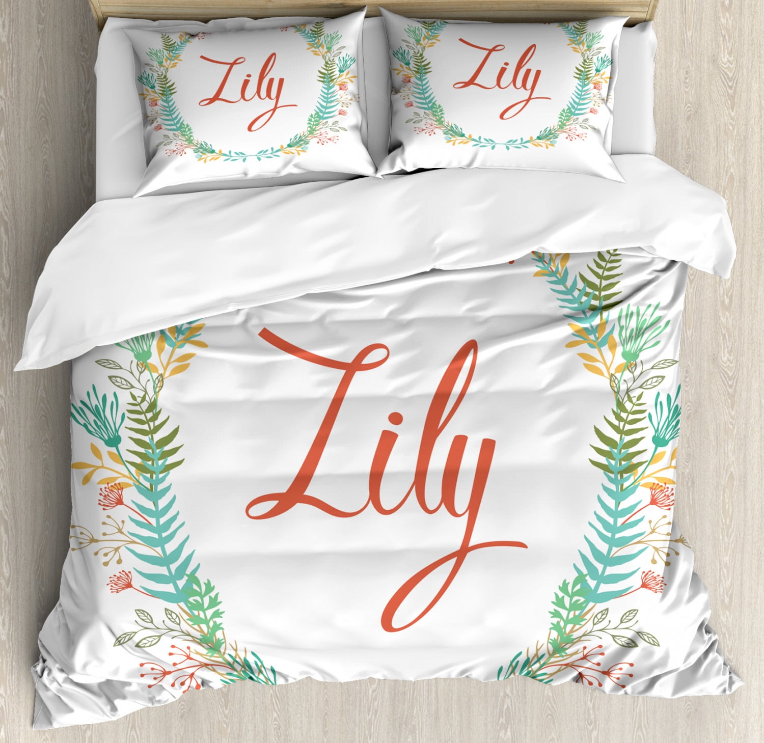 Lily King Size Duvet Cover Set, Colorful Wreath Design with Foliage ...