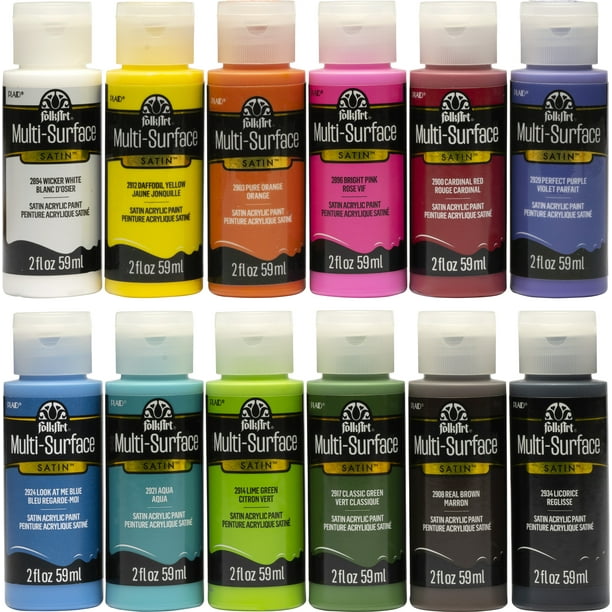 FolkArt Multi-Surface Satin Acrylic Craft Paint Set, 12 Colors, 2oz ...