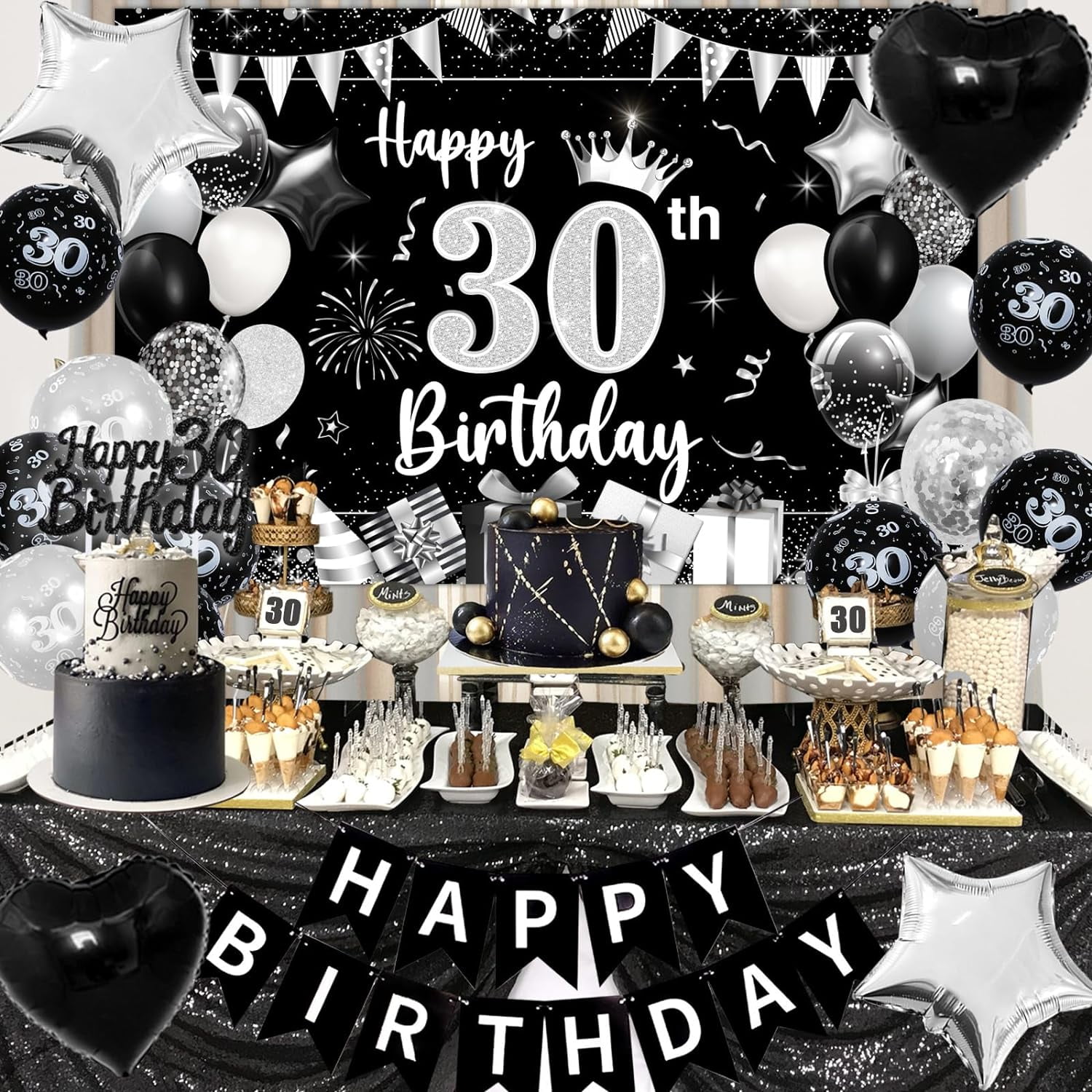 Clear Plastic Easels Black & Gold Happy 30th Birthday Banner - Pre ...