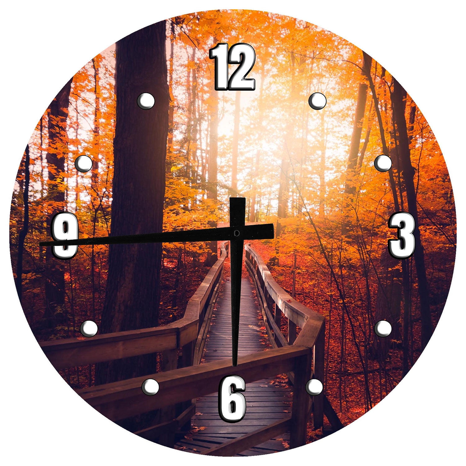 Large Wood Wall Clock 24 Inch Round Autumn Leaves Boardwalk in Forest ...