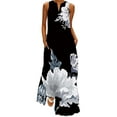 Black Polyester Floral Printed V Neck Sleeveless Full Length Womens