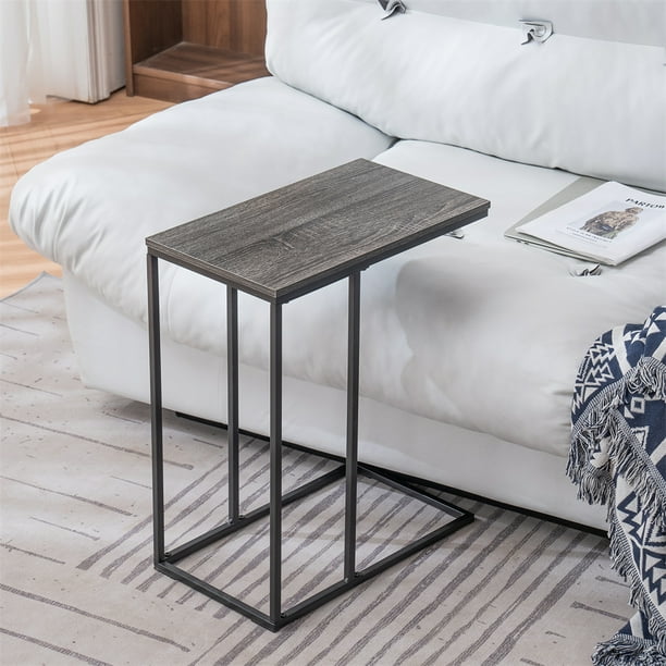 C Shaped Side Table, Rectangle End Table for Couch and Bed, Wood Laptop ...