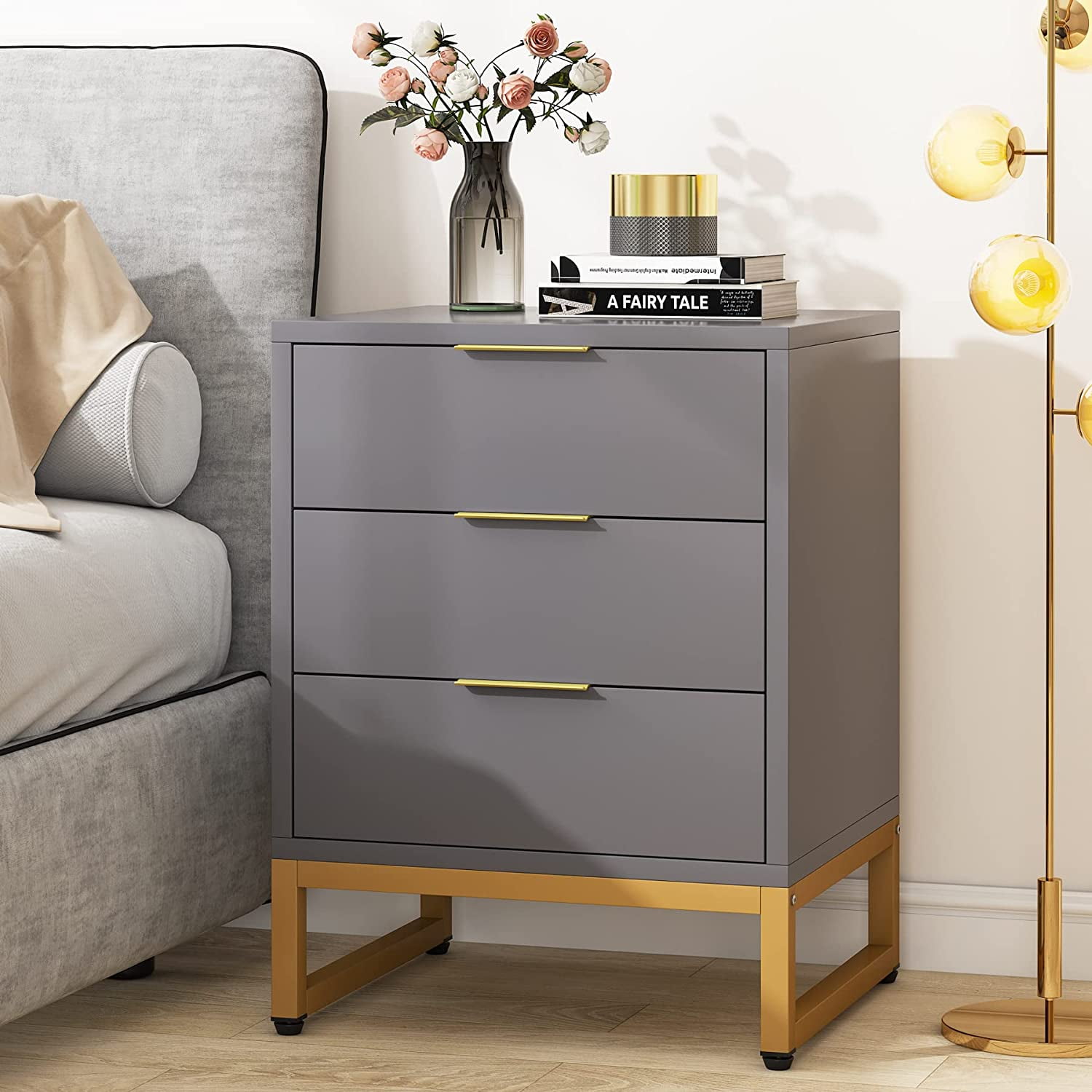 Tribesigns Nightstand with 3 Storage Drawers, Bedside Table with Metal ...