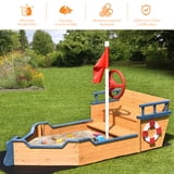 Costway Kids Pirate Boat Wood Sandbox w/ Bench Seat & Flag Wooden ...