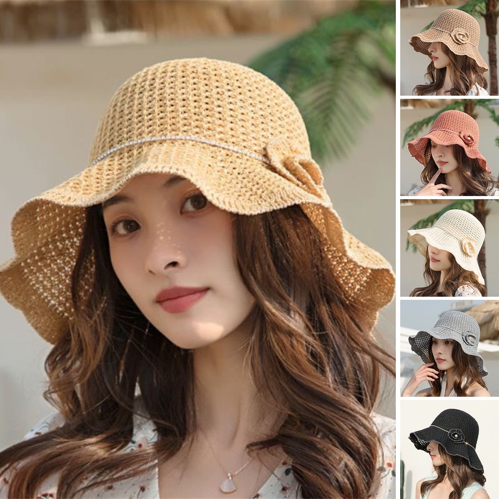 Hesroicy Hollow Out Breathable Faux Pearl Flower Decor Sun Hat Women ...