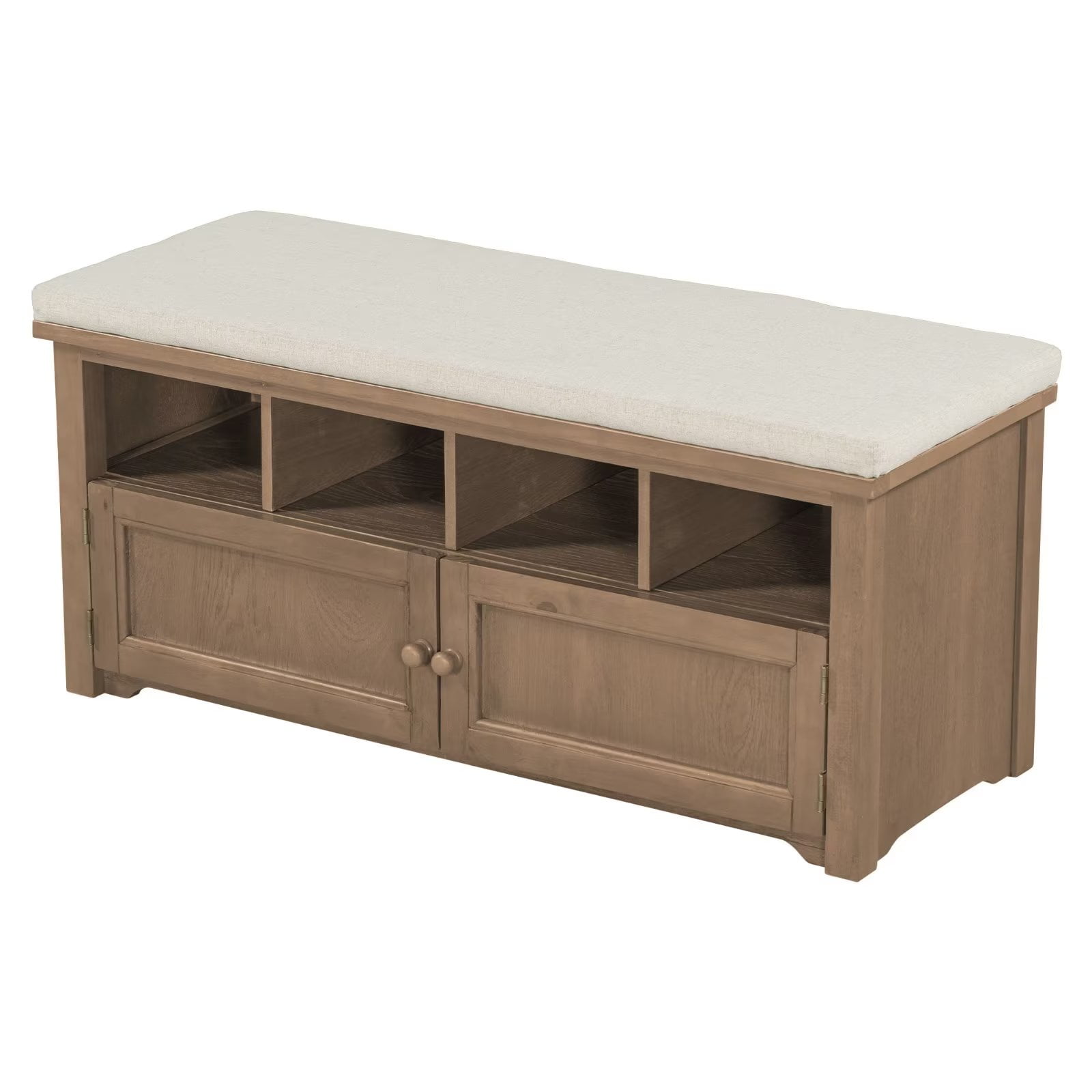 Rustic Storage Bench with Two-Door Storage and Linen Upholstered Top ...