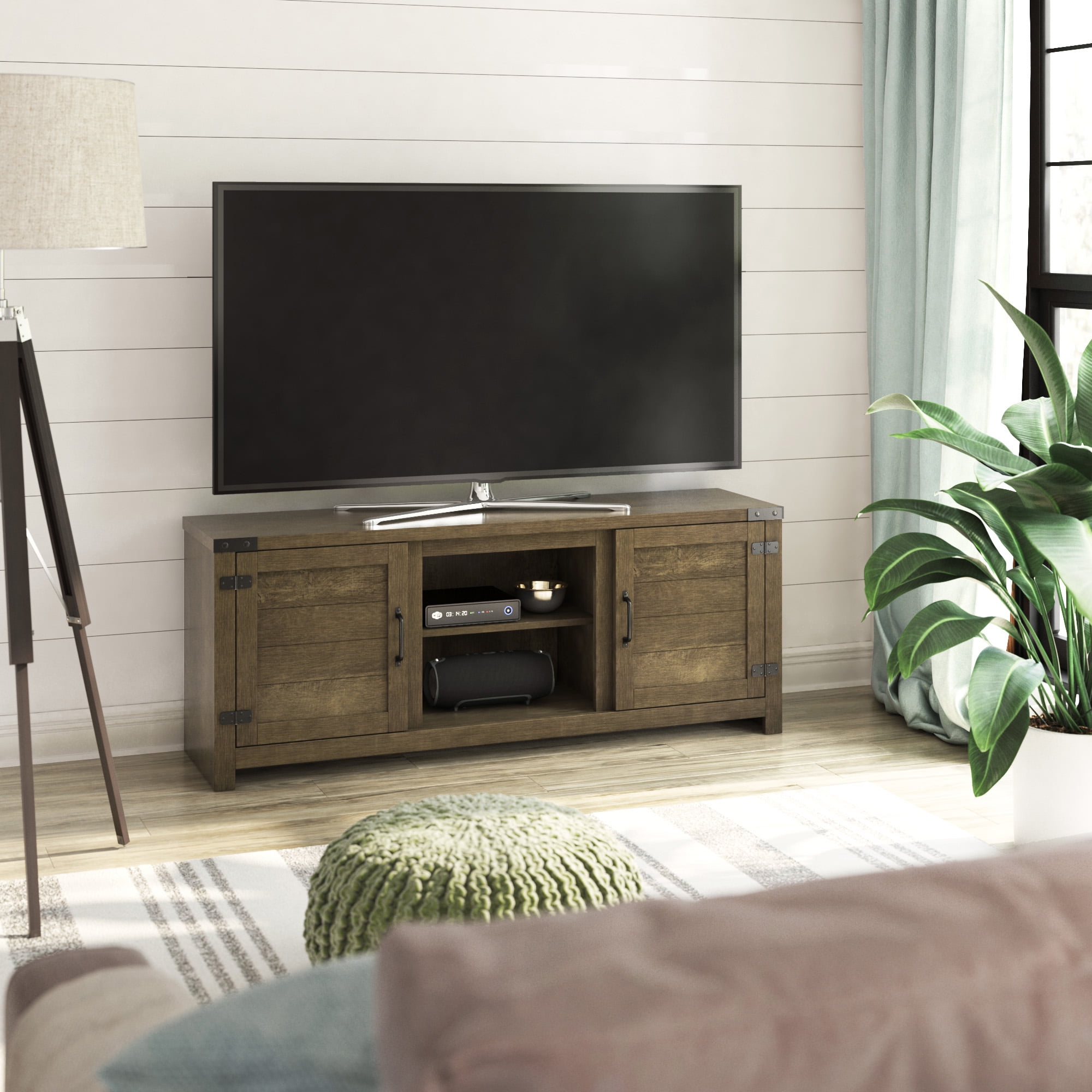 TV Stand for TVs up to 65” with Planked Doors and Nail Head Details ...