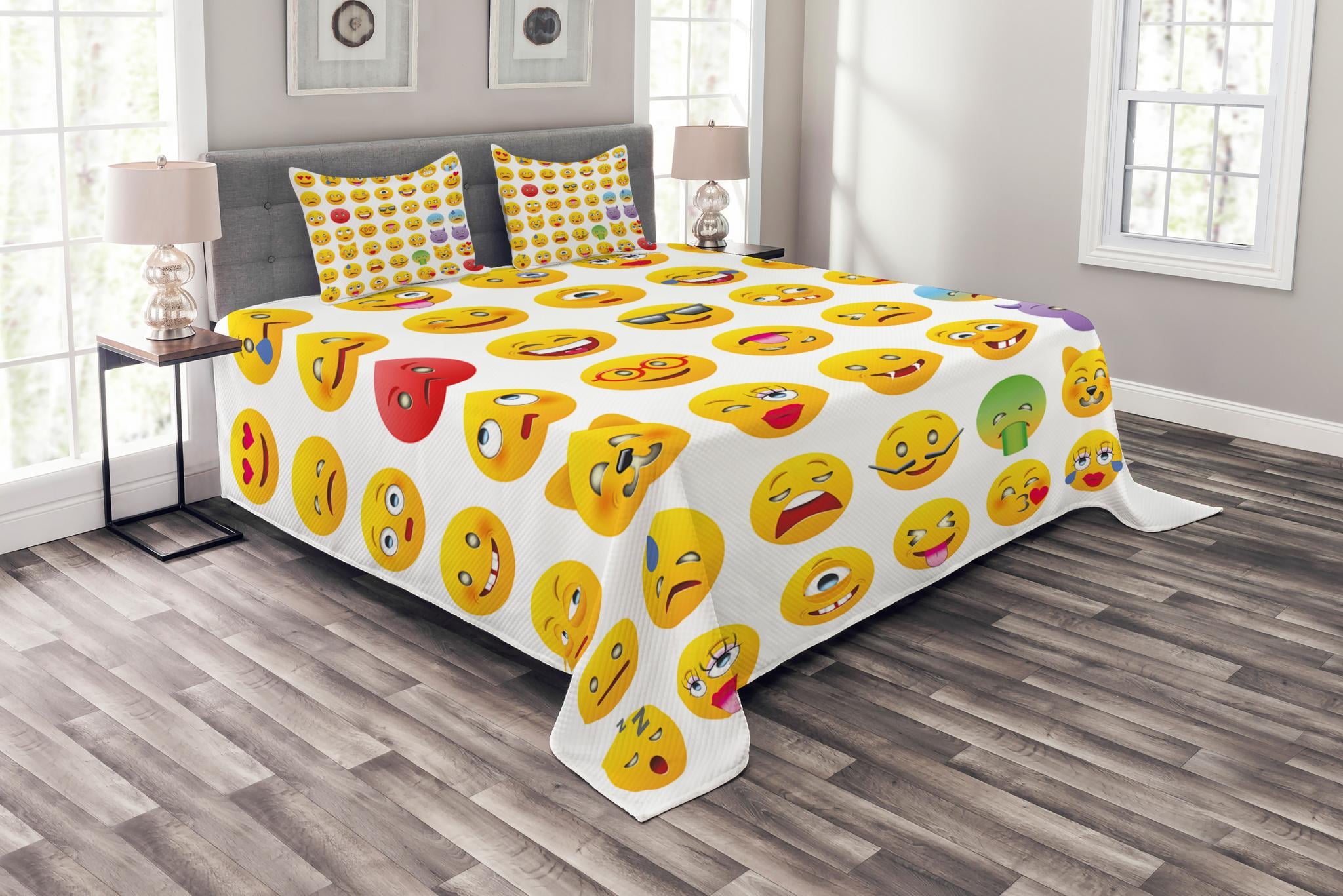 Emoji Bedspread Set Queen Size, Cartoon Like Smiley Faces of Mosters ...