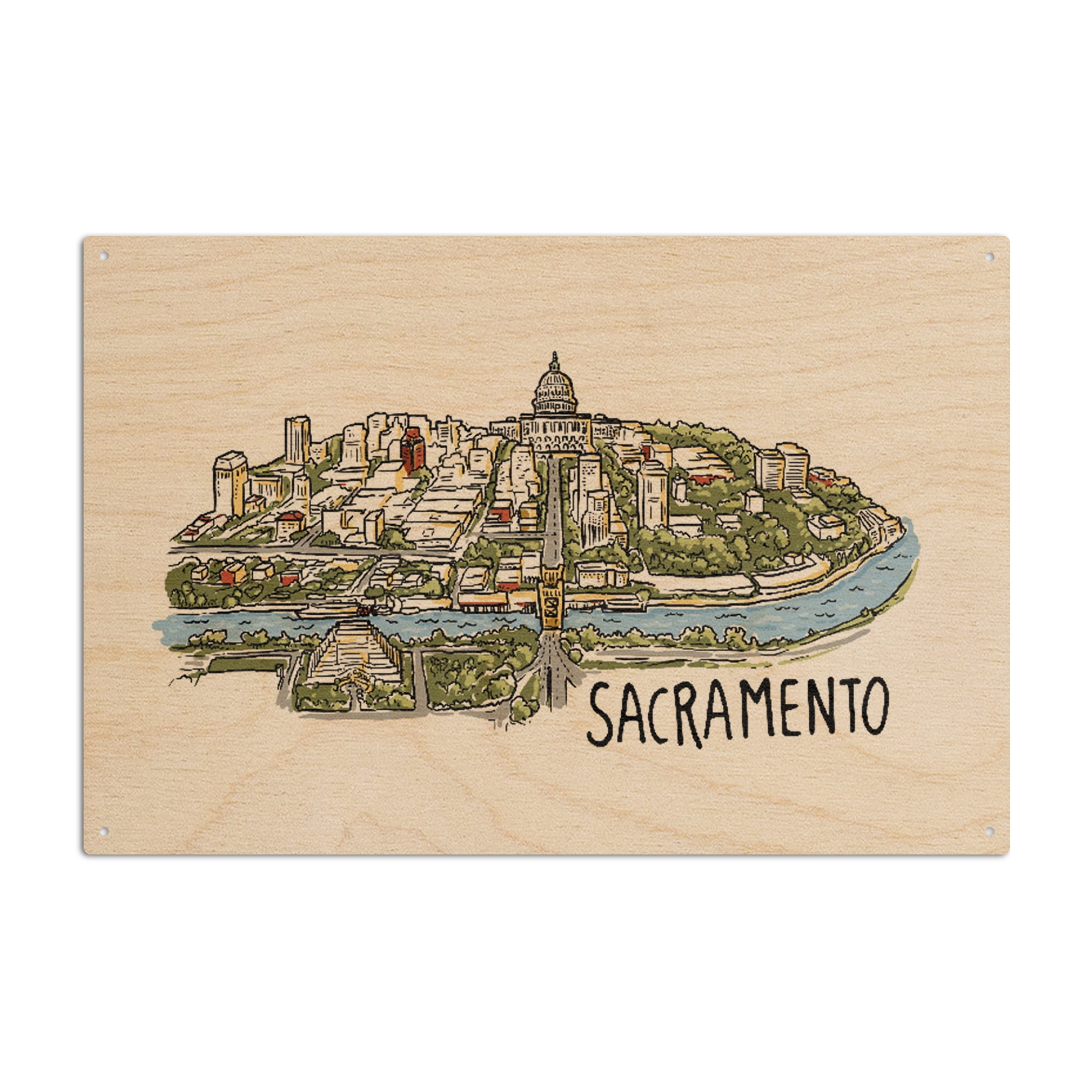 Sacramento, California, Line Drawing Birch Wood Wall Sign (6x9 Rustic ...