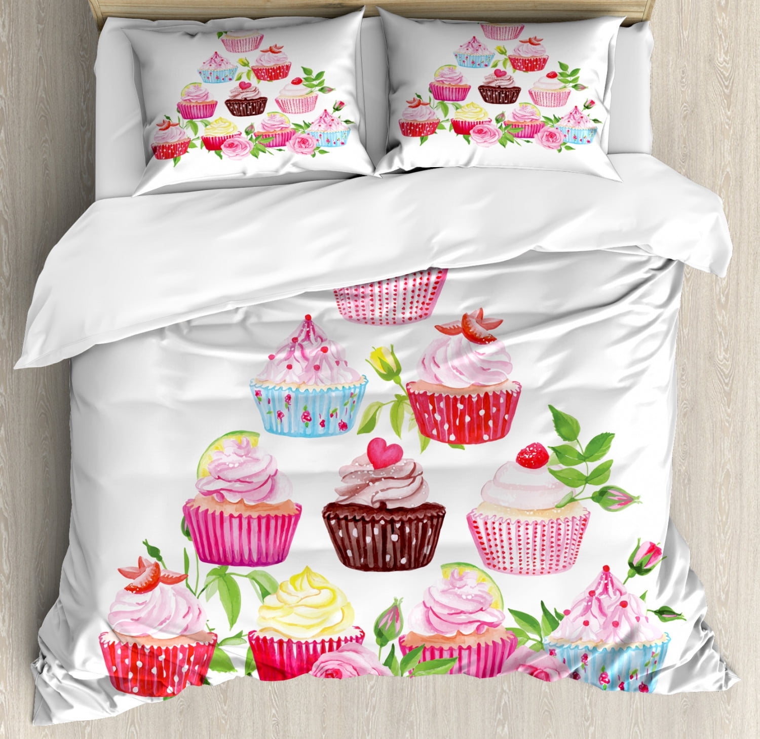 Dessert King Size Duvet Cover Set, Pyramid of Cupcakes with Polka Dot ...