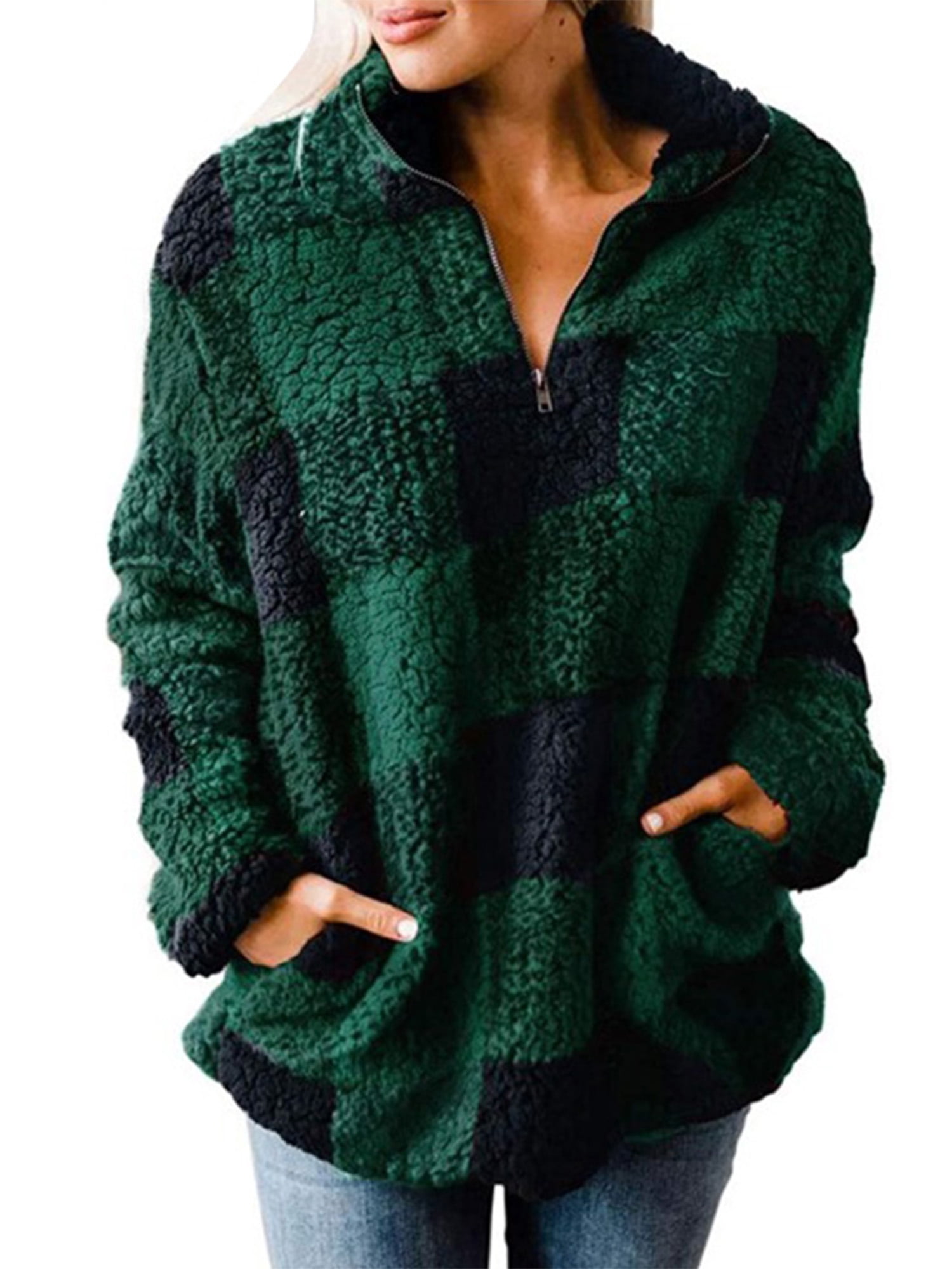 Himone Womens Plaid Long Sleeve Zipper Sherpa Fleece Sweatshirt