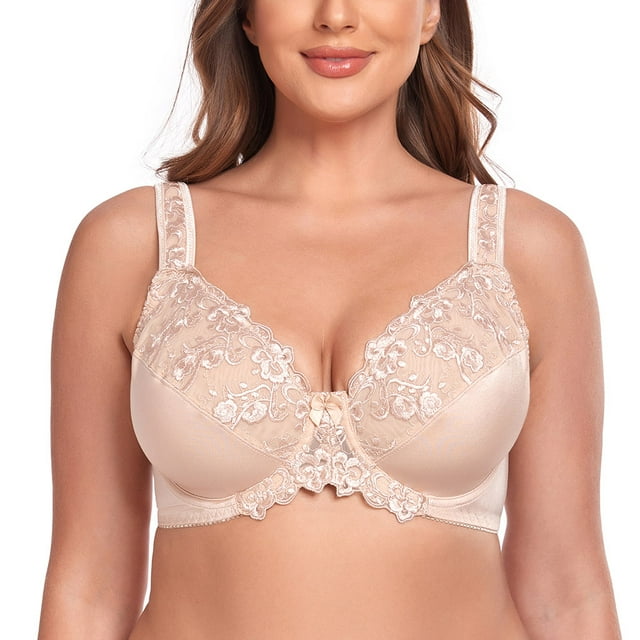 Womens Sexy Lace Embroidered Bras Full Coverage Unlined Underwire Plus Size Bra 48c