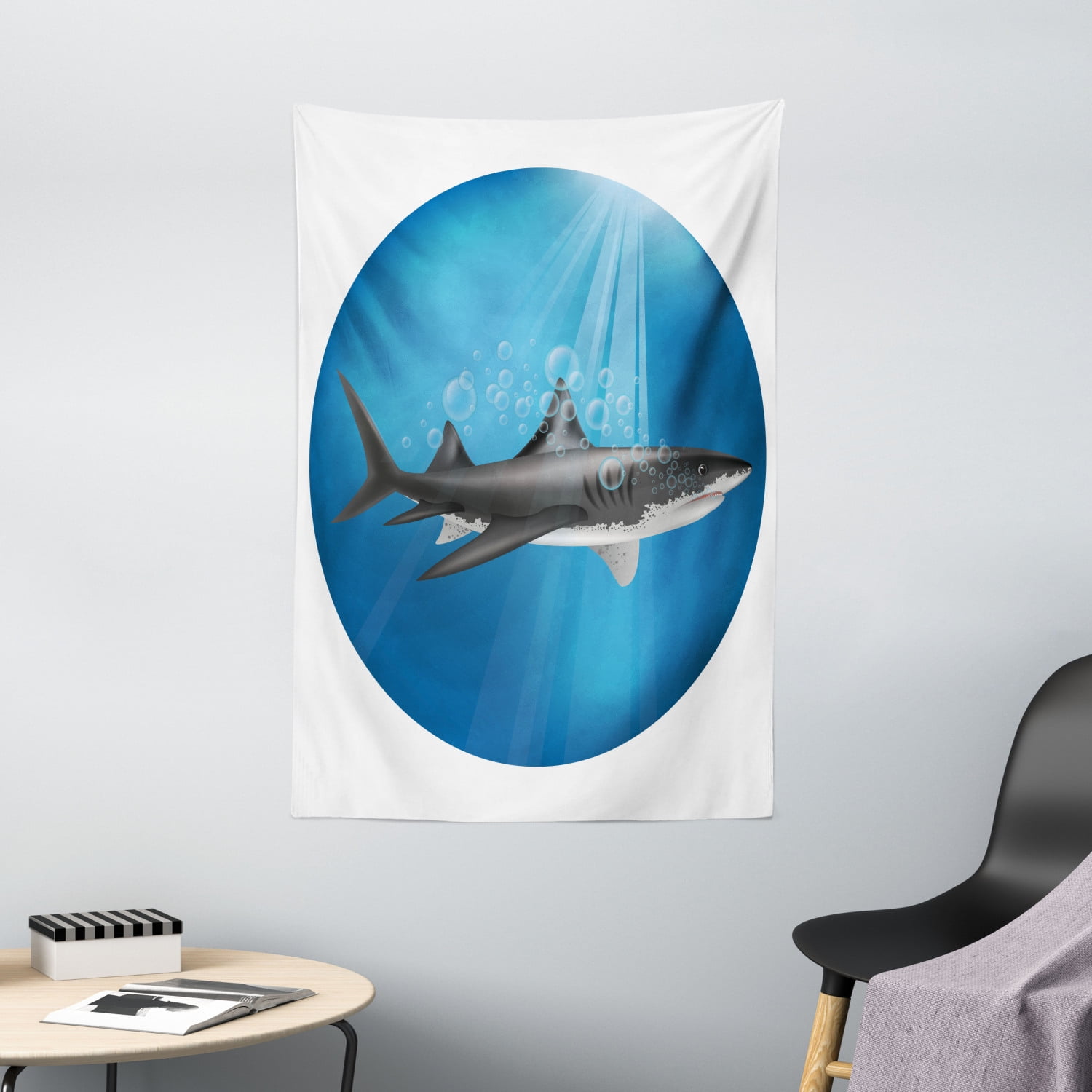 Sea Animal Decor Tapestry, Shark in Sea with Sun Rays in Circle Aquatic ...